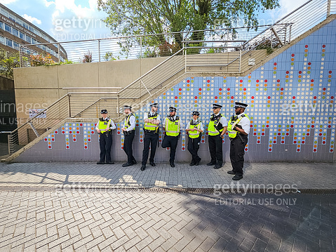 Group of Metropolitan Police officers standing in a row on London city ...