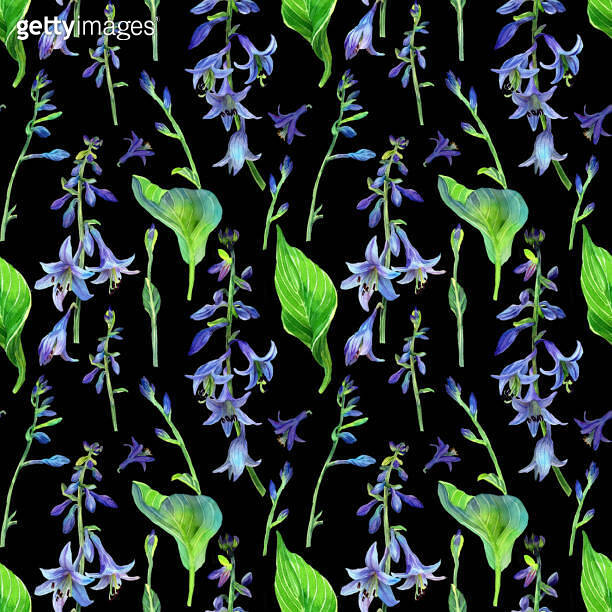 Seamless watercolor pattern of hosta plant and blue bell flowers, stems ...