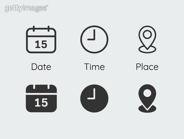 Date, time, place icon set. Clock, calendar, address, position ...