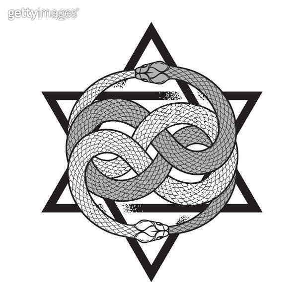 Double ouroboros or uroboros serpent snakes consuming in front of the ...