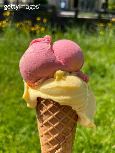 Italian ice cream. Ice cream in a waffle cone. Gelato in the summer ...