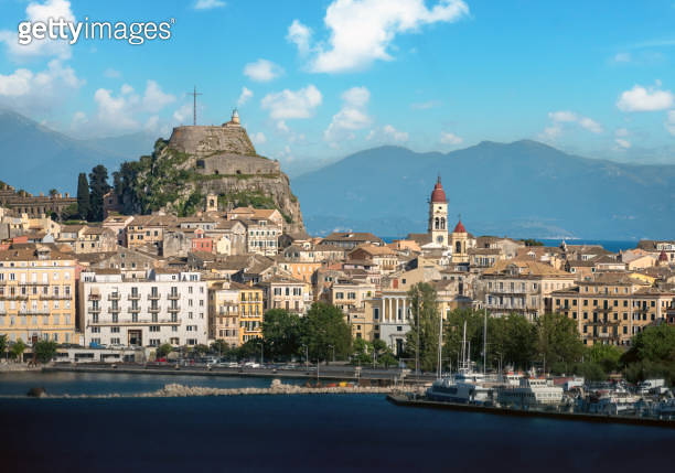 The old town of Corfu with the iconic ruins of the old Venetian ...