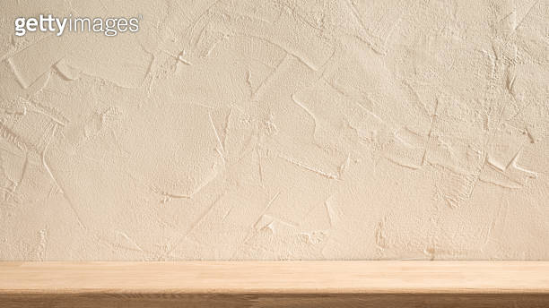 Beige Textured Wall With Wooden Shelf in Minimalist Interior Design 이미지 ...