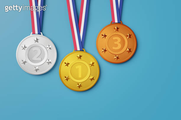 Gold, silver and bronze medals with a classic red, white and blue ...