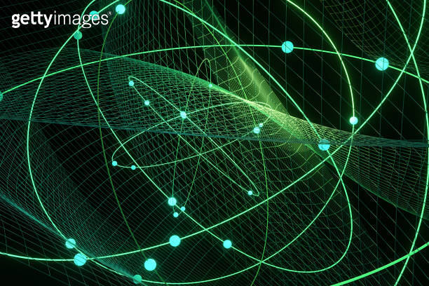 Glowing green atomic molecules surrounded by meshes on dark background ...