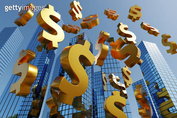 Golden dollar signs falling from the blue sky to the commercial and ...
