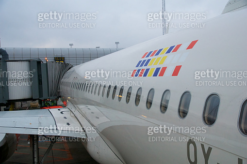 Airbus A320 with SAS Scandinavian Airlines at the gate with a view over ...