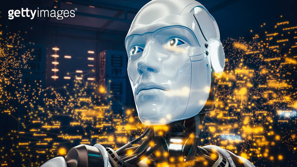 3D Render of Artificial Intelligence Robot Working on Deep Machine Learning System. Futuristic ...
