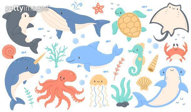 Cute ocean animals in cartoon flat style. Cute whale, dolphin, killer ...