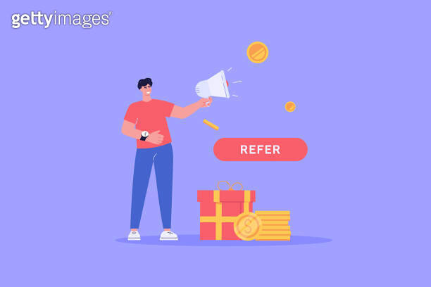 Concept of referral program, refer a friend service, sharing bonus with ...