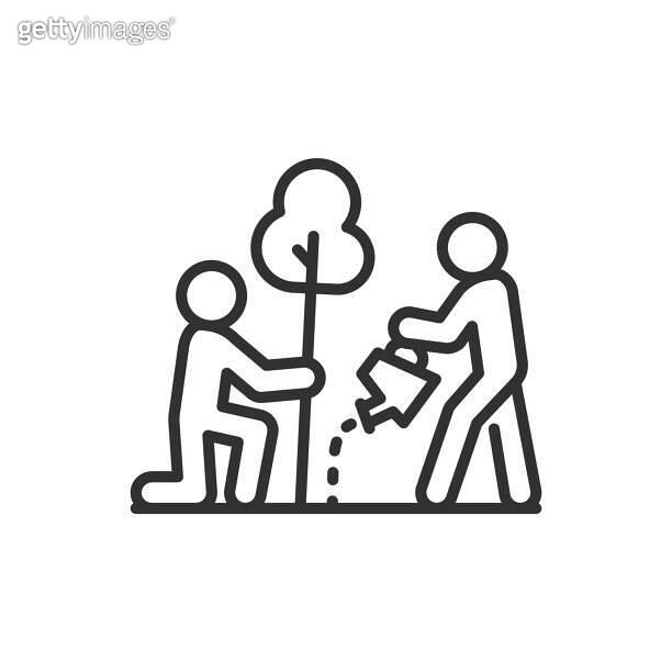 Planting young trees, linear icon. People planting a tree. Line with ...