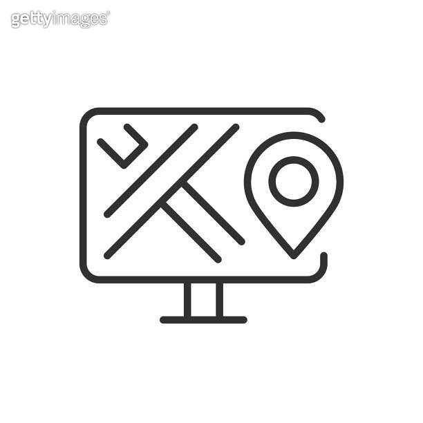 Map on the screen, linear icon. Map on computer display. Line with ...