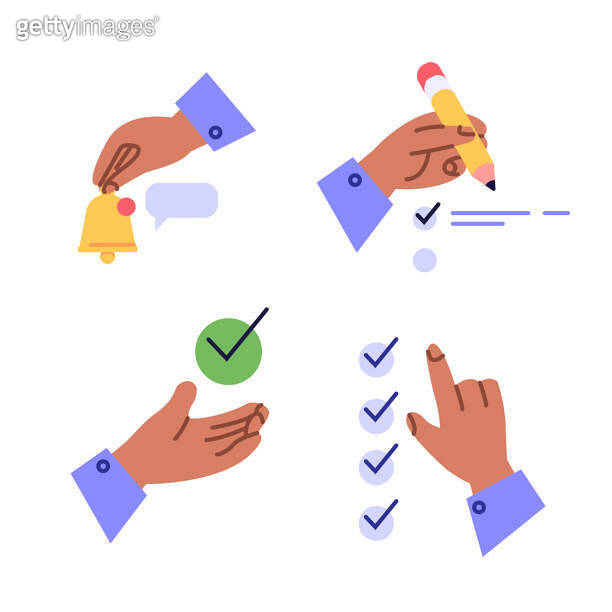 Signs with different hands holding check mark. Concept of checklist ...
