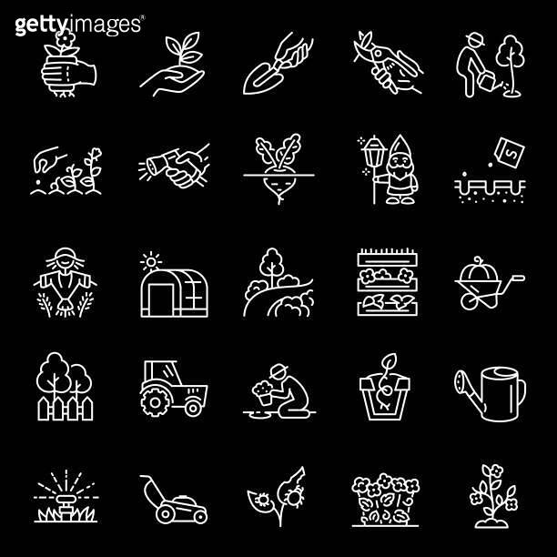 Gardening and horticulture, white line icons. Growing and cultivating ...