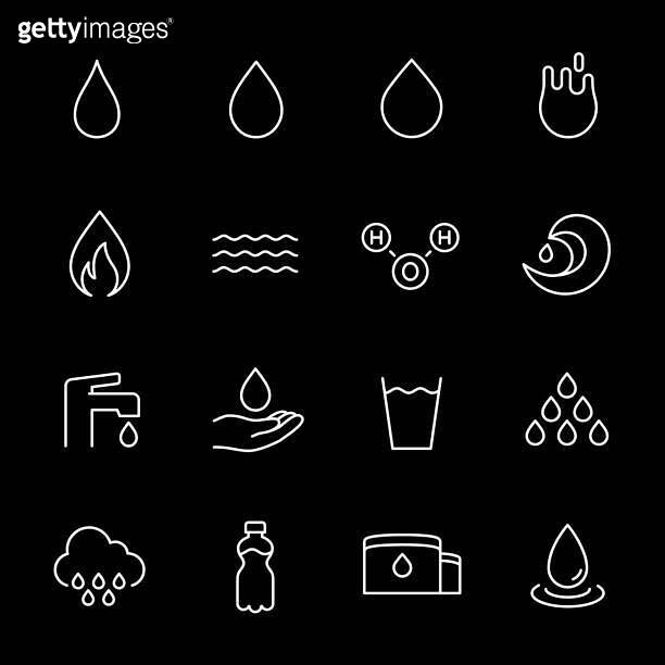 Water purification, white line icons. Filtration, disinfection, and ...