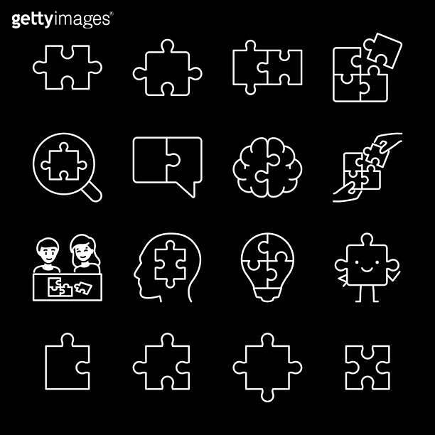 Puzzles, white line icons. Puzzle pieces and parts, perfect for ...