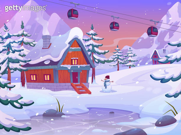 Ski resort. Canada cartoon landscape. Snowy trees. Mountain summits ...