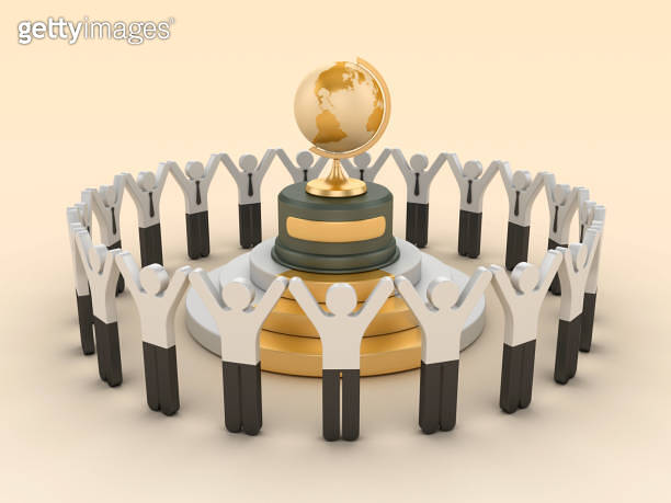 Globe World Map on Trophy with Pictogram People Teamwork (2161348427 ...