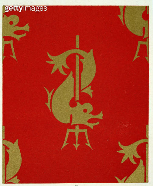 Heraldic symbols, Gold fish and Inverted trident on red background ...