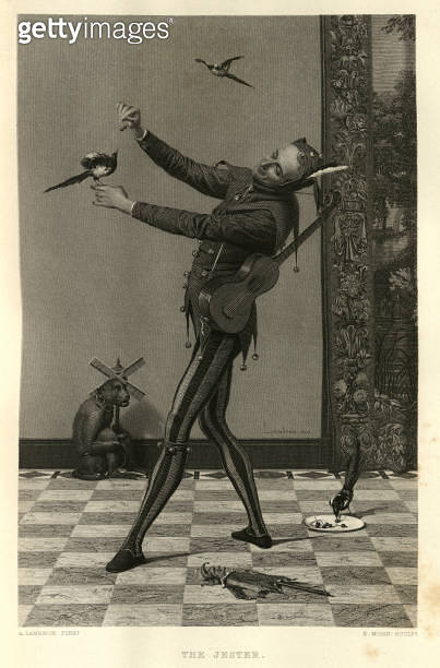 Medieval Jester feeding a magpie, Victorian art, 19th Century 이미지 ...