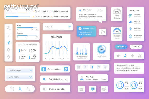 User interface elements set for Social network mobile app or web. Kit template with HUD ...