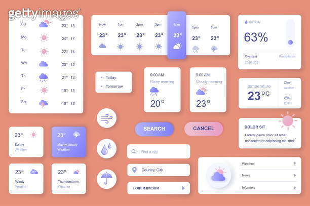 User Interface Elements Set For Weather Mobile App Or Web Kit Template