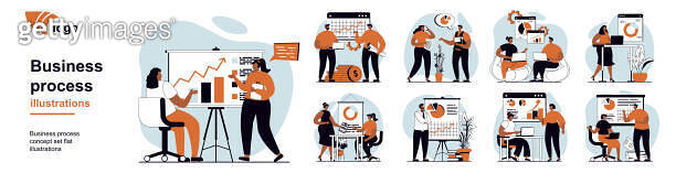 Business process concept with people scenes mega set in flat web design ...