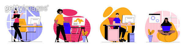 SaaS concept with people scenes set in flat web design. Bundle of character situations with ...