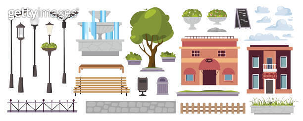 Park equipment elements constructor mega set in flat graphic design. Creator kit with street ...