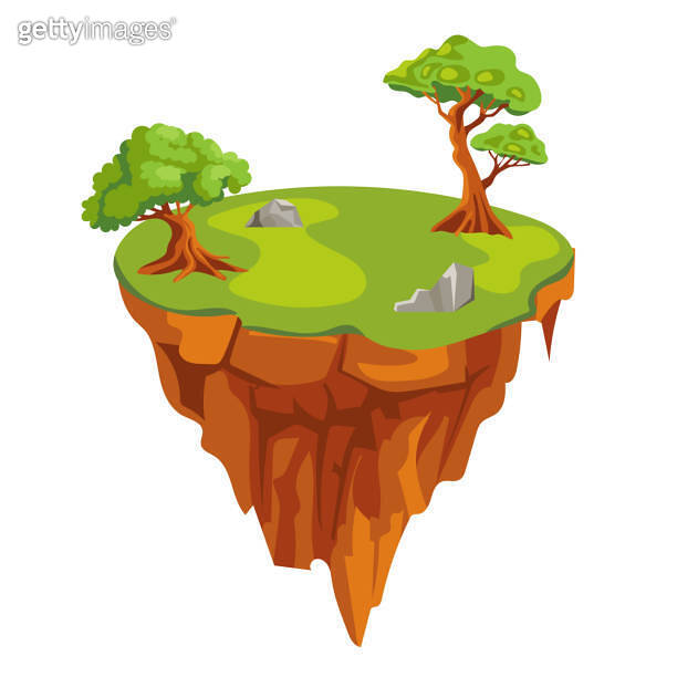 Flying ground island in flat design. Level platform with trees, stones ...