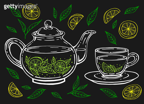 Tea set with healthy green tea, lemon slices, tea leaves. Hand drawn ...