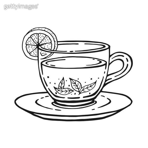 Cup of tea with healthy tea, lemon slices, tea leaves. Hand drawn ...