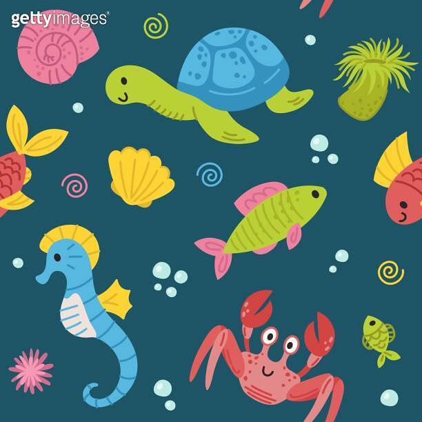 Continuous pattern of sea life. Sea creatures. Jellyfish, fish ...