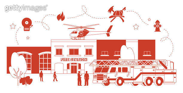 Firefighter and fire station one color infographic. (2159020729) - 게티이미지뱅크