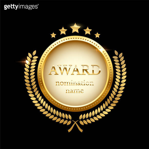 Gold medal for first place with laurel wreath, stars and text Award ...