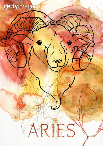 Watercolor poster of zodiac sign Aries. Hand painted abstract card isolated on white background ...