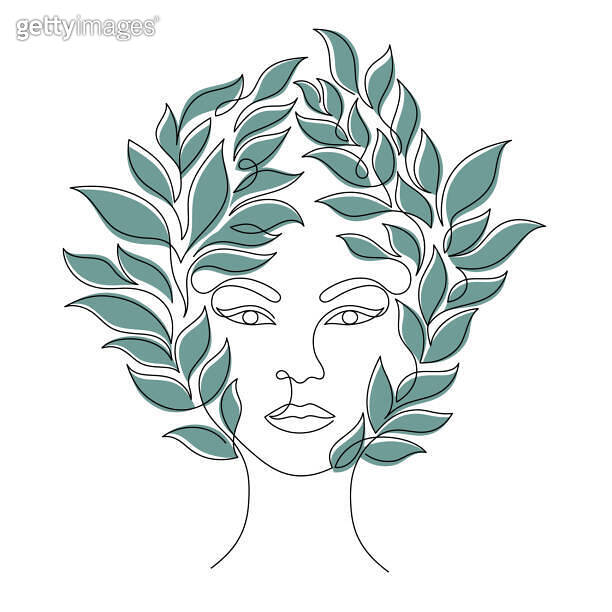 An artistic line drawing of a woman's face is adorned with green leaves ...