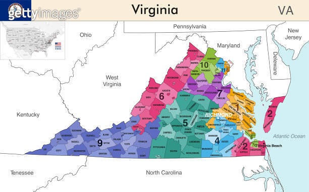 Virginia state map with counties borders and colored congressional ...