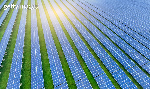 Solar farm and sun light. Solar power for green energy. Sustainable ...