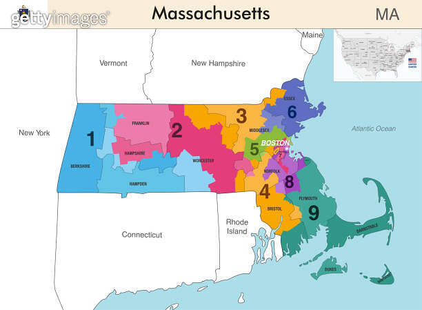 Massachusetts state map with counties borders and colored congressional ...