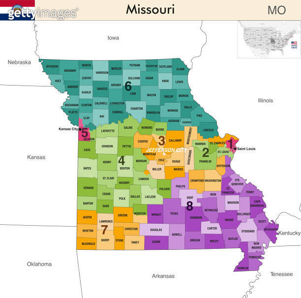Missouri state map with counties borders and colored congressional ...