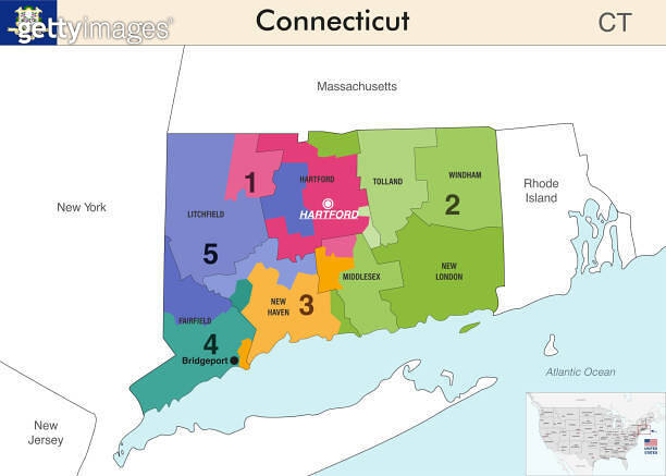 Connecticut state map with counties borders and colored congressional ...