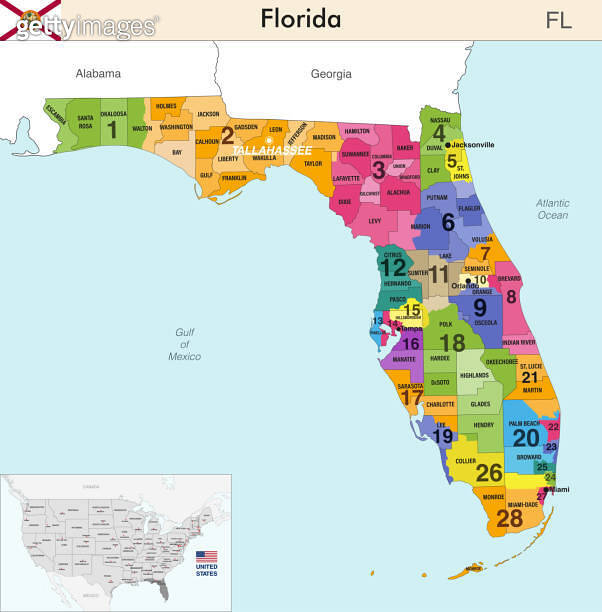Florida state map with counties borders and colored congressional ...