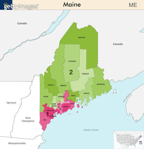Maine state map with counties borders and colored congressional ...