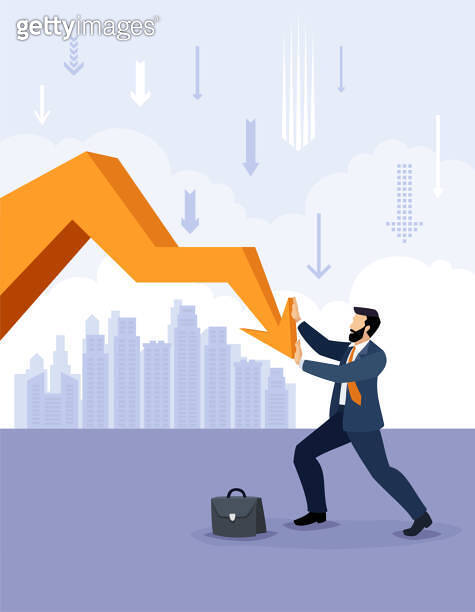 A businessman exerts maximum effort to push back against the descending ...