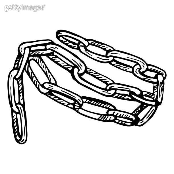 A detailed black and white ink sketch depicts the interlocking links of ...