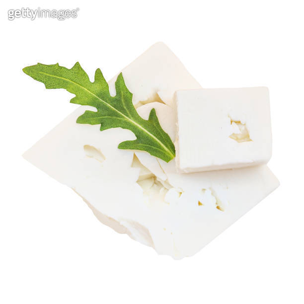 Feta cheese on isolated on white background, top view. Various Fesh ...
