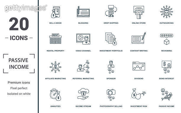 Passive income premium icon set featuring various methods for earning ...