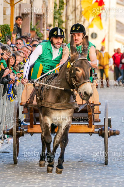 A pair of jockeys in a donkey race during medieval games in a village ...