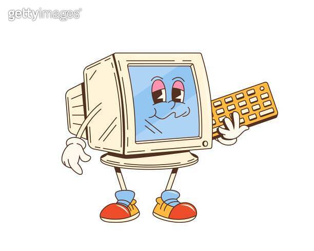 Cartoon groovy computer pc monitor character 이미지 (2156768539) - 게티이미지뱅크